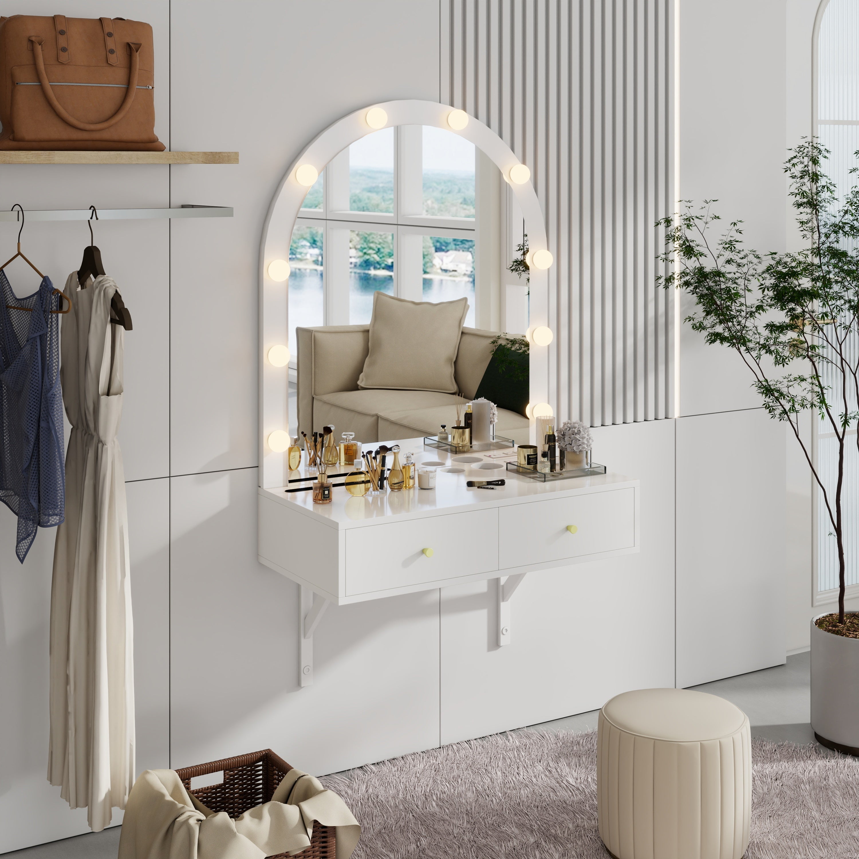 Floating Makeup Vanity Desk with Mirror & 3-Color Lights, Wall Dressin